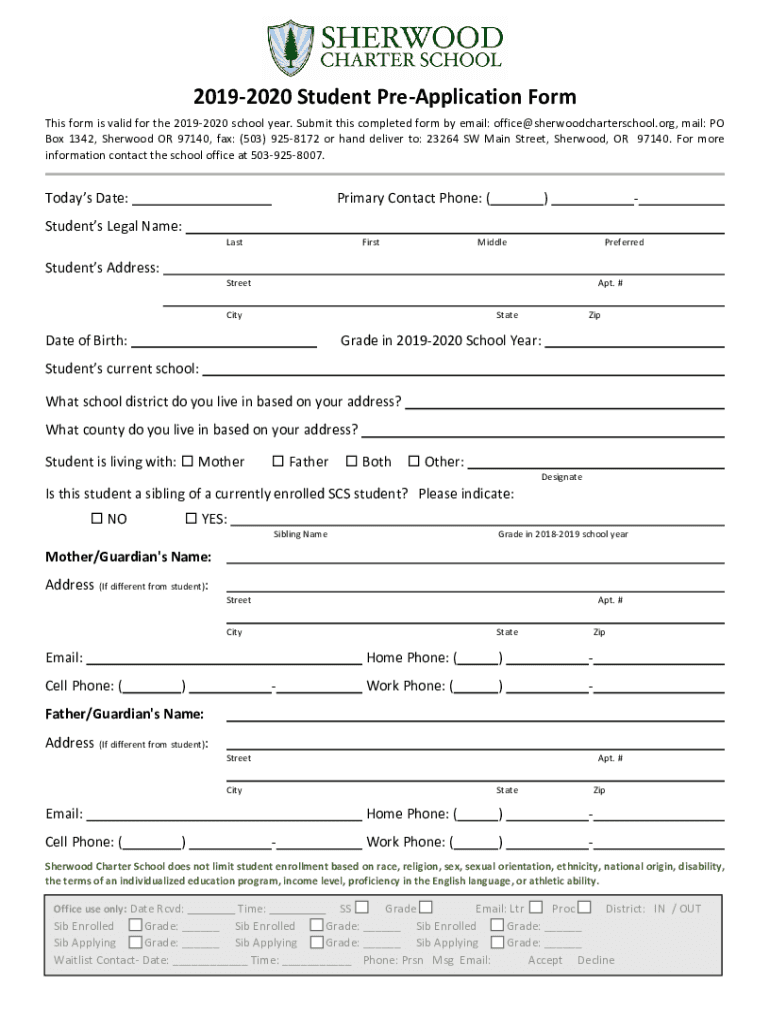 Fillable Online 2019-2020 Student Pre-Application Form Fax Email Print ...