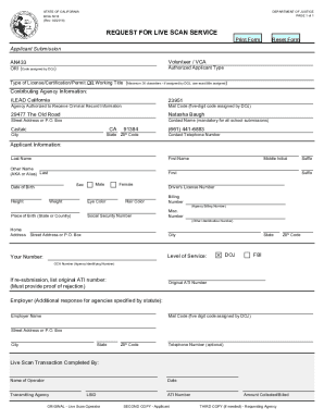 Fillable Online REQUEST FOR LIVE SCAN SERVICE - Department of Justice ...