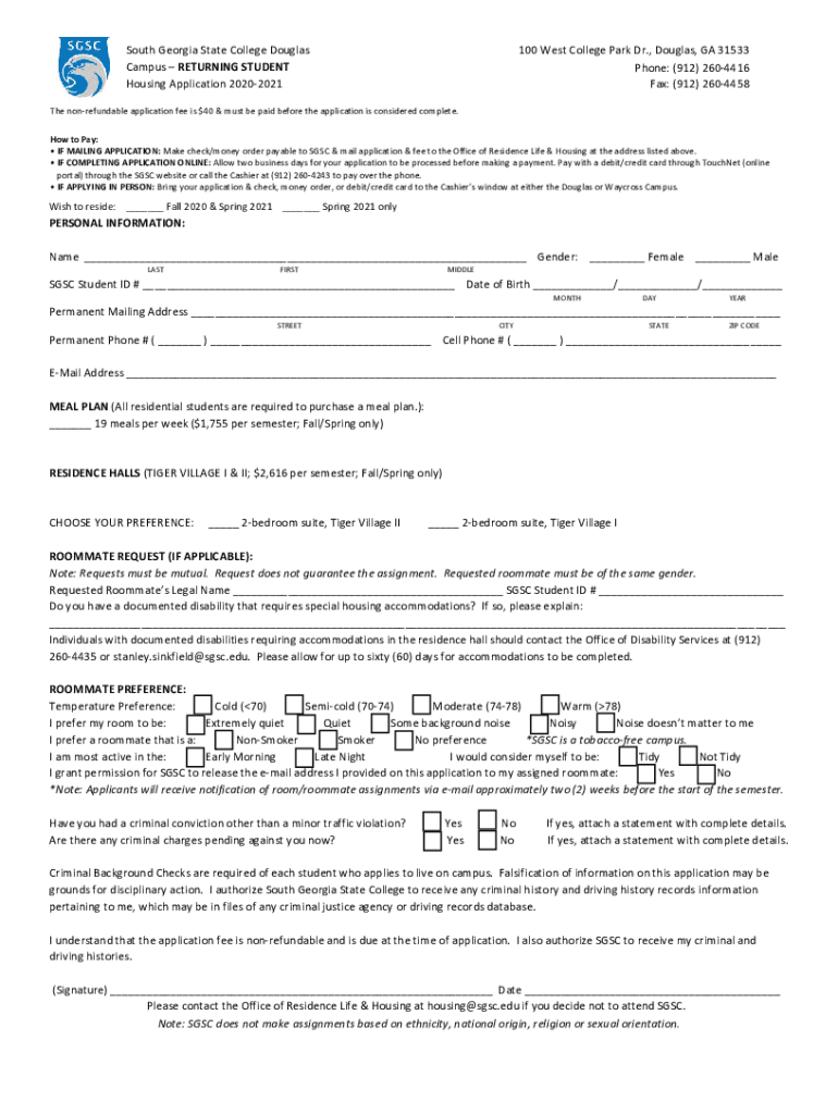 Fillable Online RETURNING STUDENT Housing Application 2020-2021 100 ...