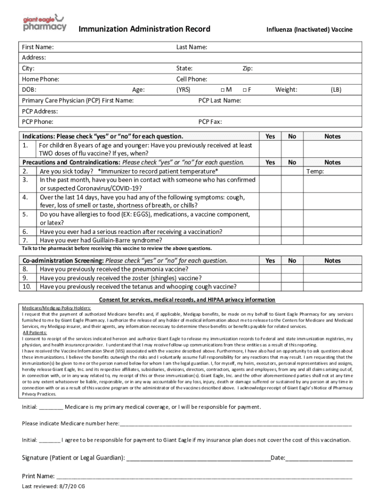 Fillable Online Immunization Administration Record Influenza ...