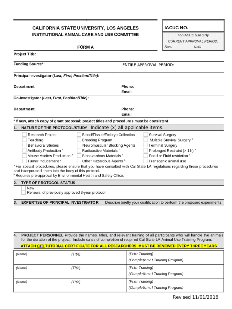 Animal Care and Use (IACUC)Cal State LA Doc Template | pdfFiller