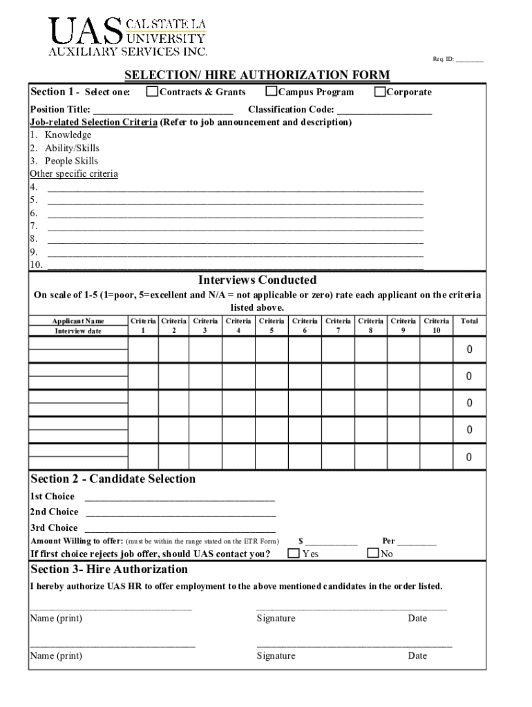 Fillable Online Req. ID: SELECTION/ HIRE AUTHORIZATION FORM Fax Email Print - pdfFiller