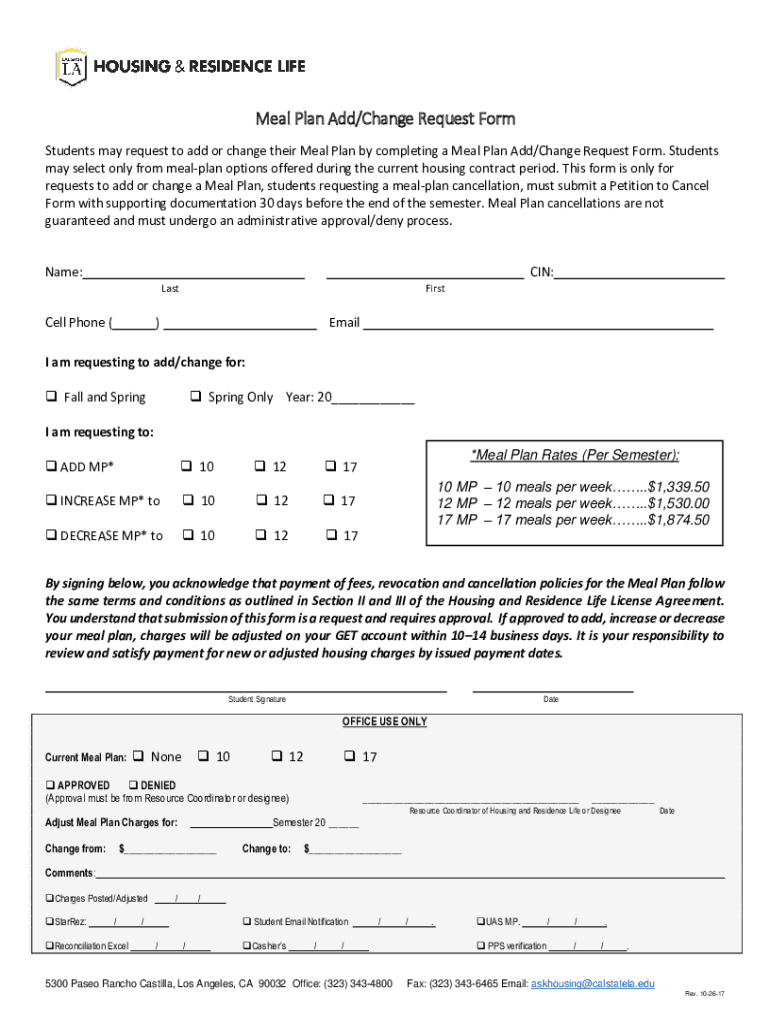 Fillable Online Meal Plan Add/Change Request Form Fax Email Print ...