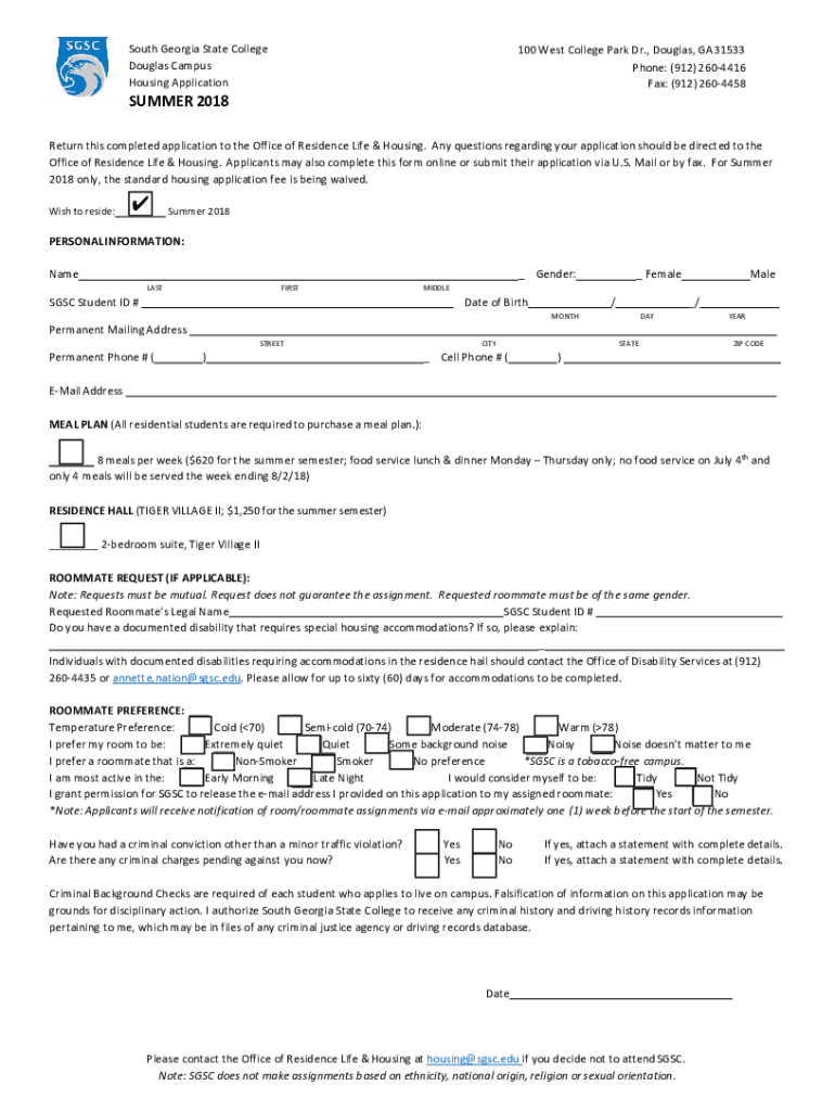 Fillable Online summer 2018 - South Georgia State College Fax Email ...