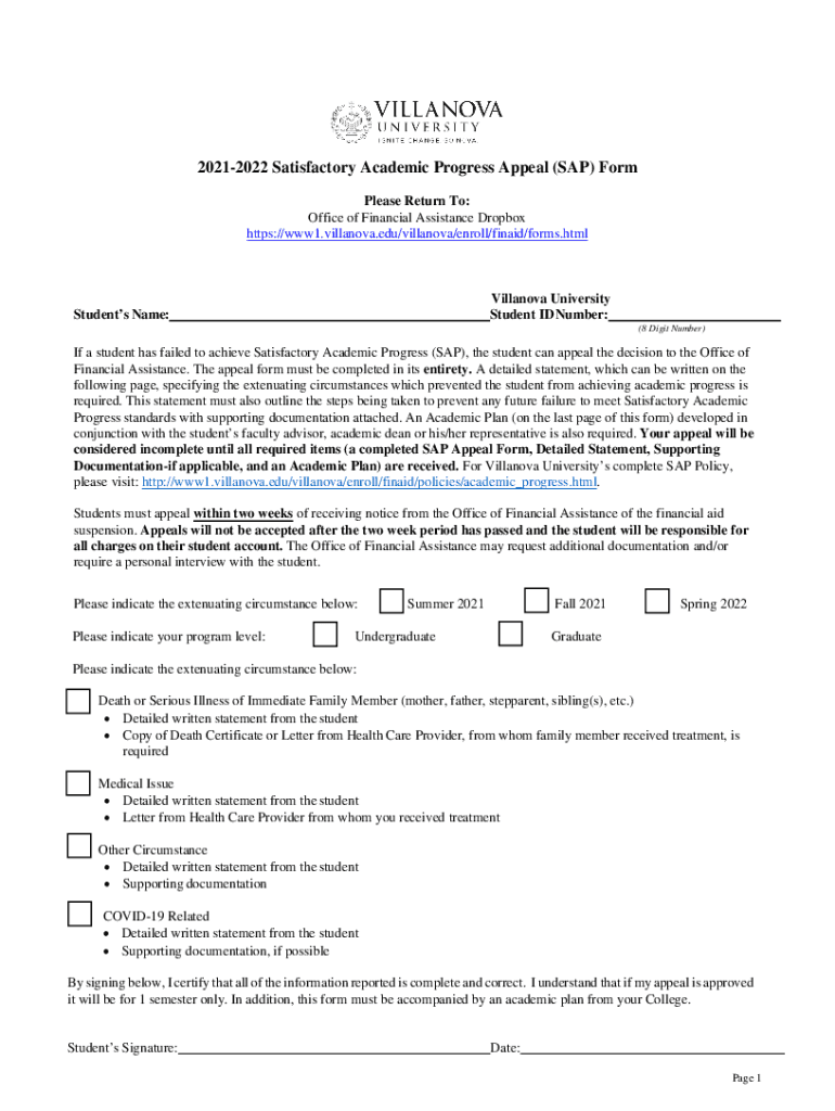 Fillable Online www1 villanova 2021-2022 Satisfactory Academic Progress Appeal (SAP) Form Fax ...
