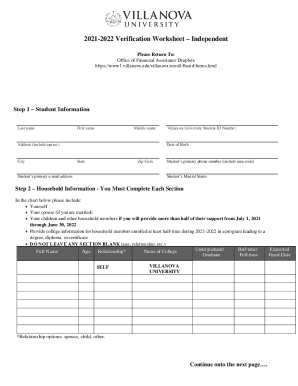 Fillable Online www1 villanova 2021-2022 Verification Worksheet Independent Fax Email Print ...