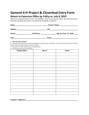 Fillable Online General 4-H Project & Cloverbud Entry Form Fax Email ...