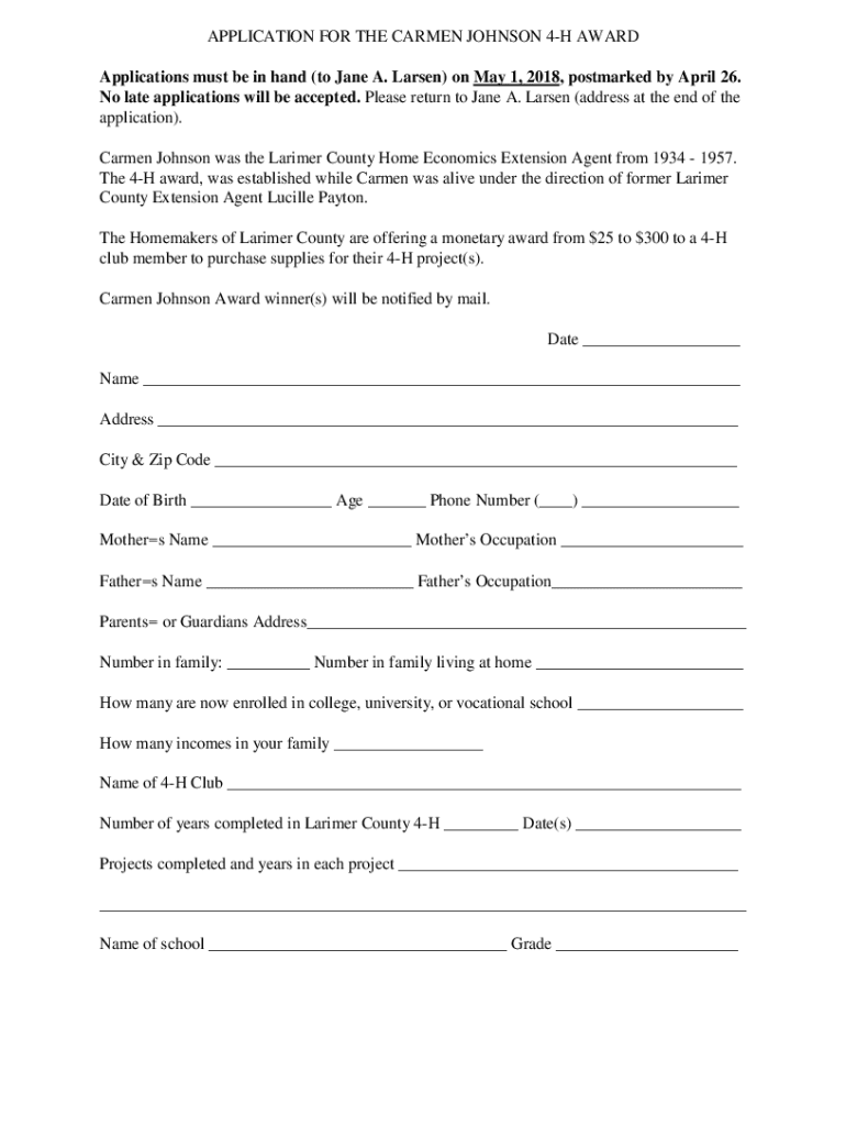 Fillable Online Homemakers of Larimer County Guidelines For The Carmen ... Fax Email Print ...