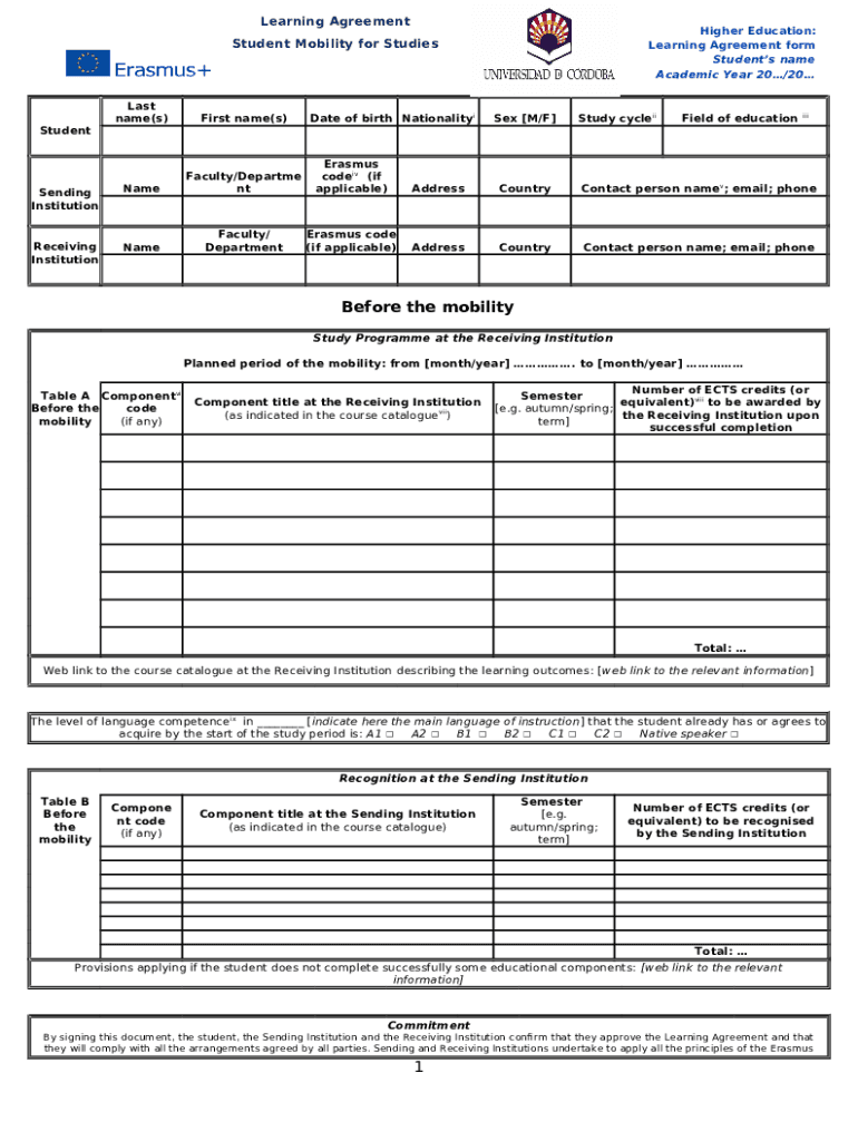 Higher Education: Learning Agreement Student's name ... Doc Template ...