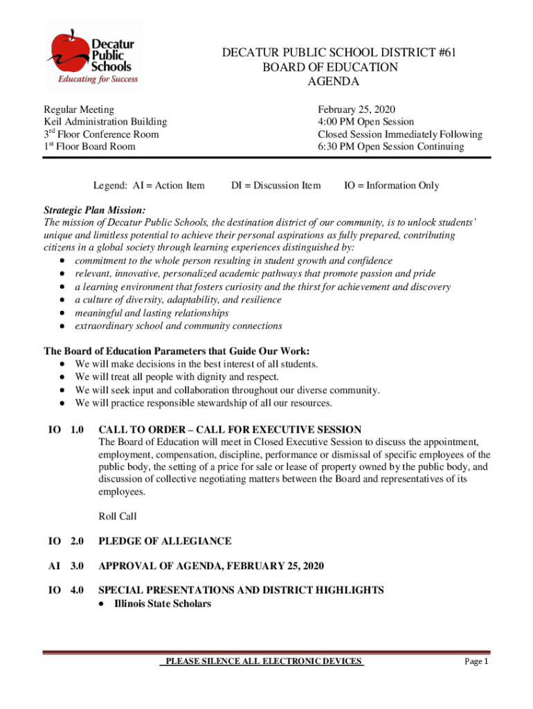 Fillable Online Board of Education Decatur Public School District #61 ...