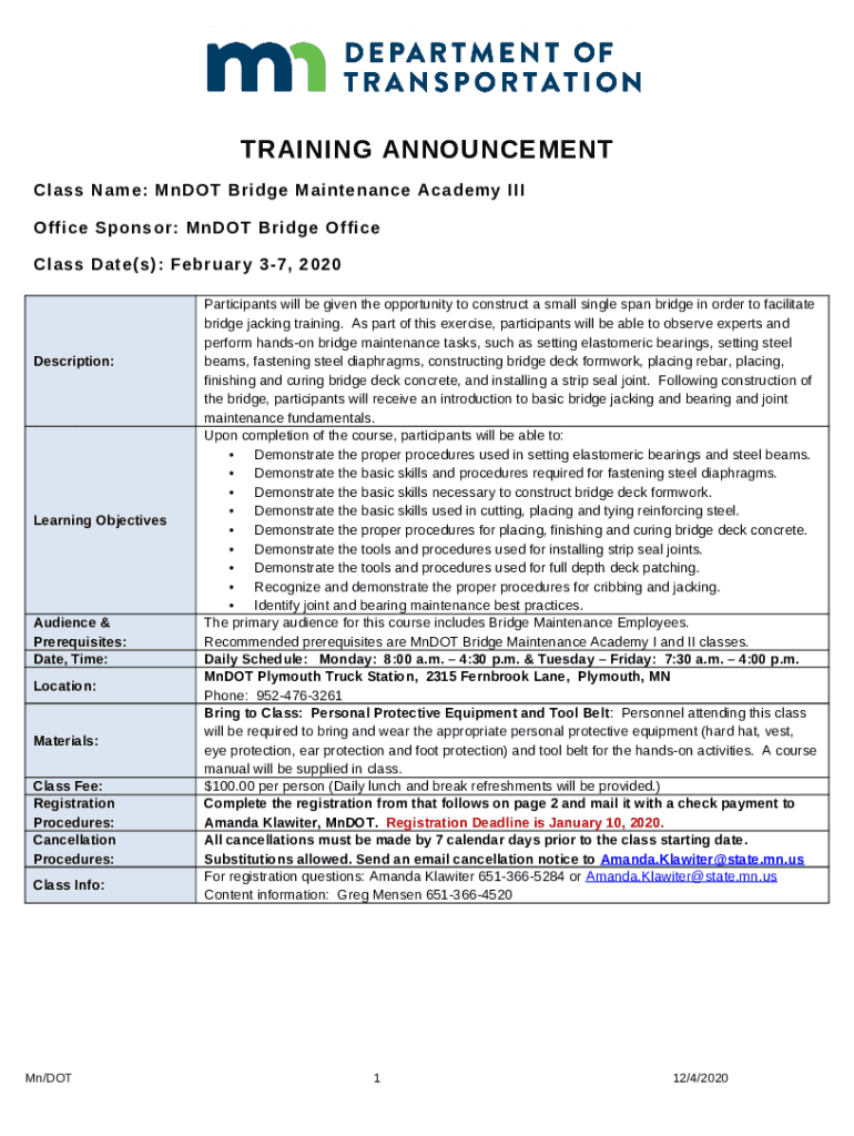 Class Name: MnDOT Bridge Maintenance Academy III Doc Template | pdfFiller
