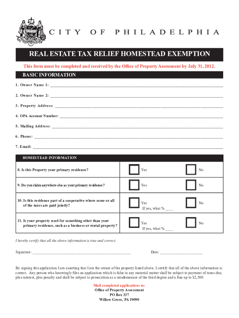 Fillable Online real estate tax relief homestead exemption - HubSpot ...
