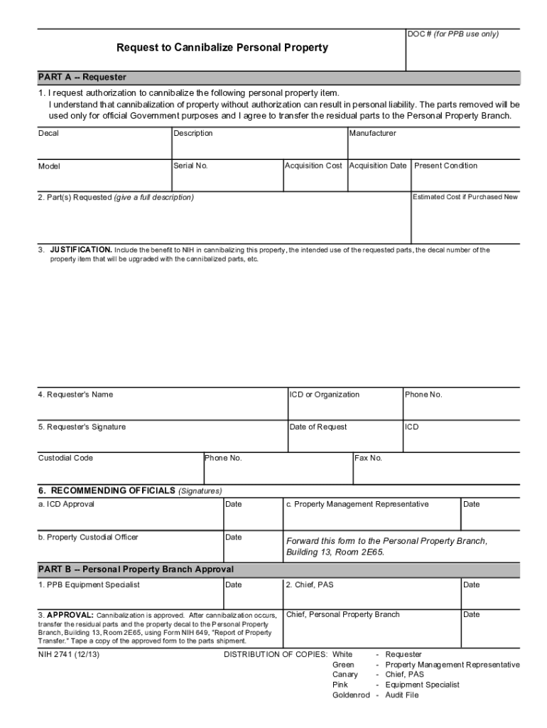 Fillable Online oma od nih FORM NIH 2741. Request to Cannibalize Personal Property Fax Email ...