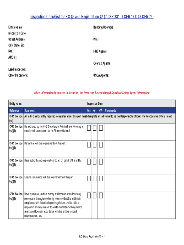 Fillable Online Inspection Checklist for RO 9 and Registration 7 (7 CFR ...