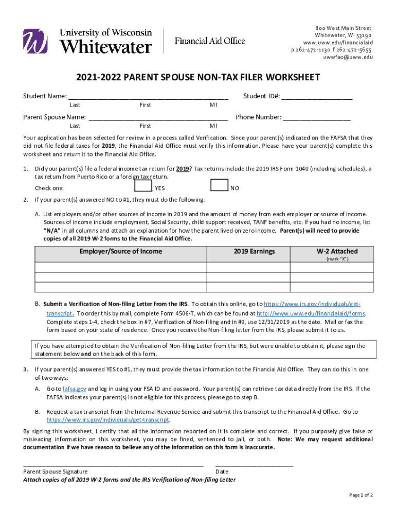Fillable Online Parent Spouse Non-Tax Filer Worksheet 2021-2022 - UW ...