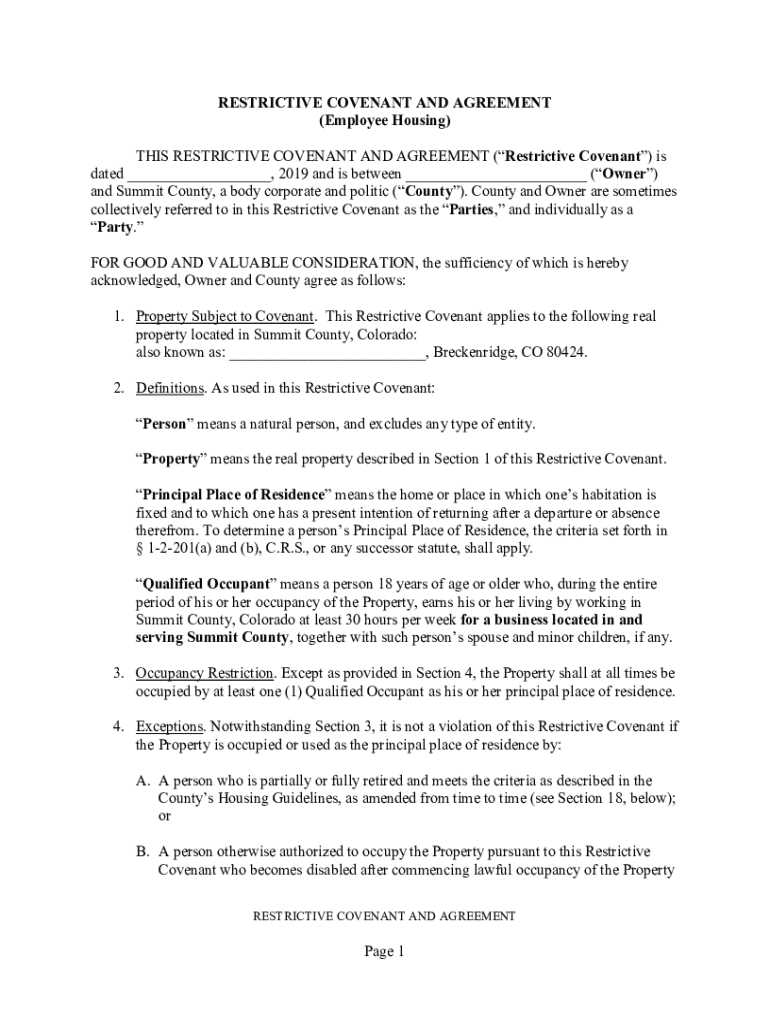 Fillable Online Page 1 RESTRICTIVE COVENANT AND AGREEMENT (Employee ...