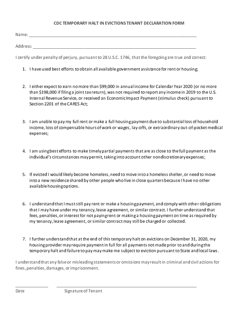 Fillable Online CDC TEMPORARY HALT IN EVICTIONS TENANT DECLARATION FORM ...