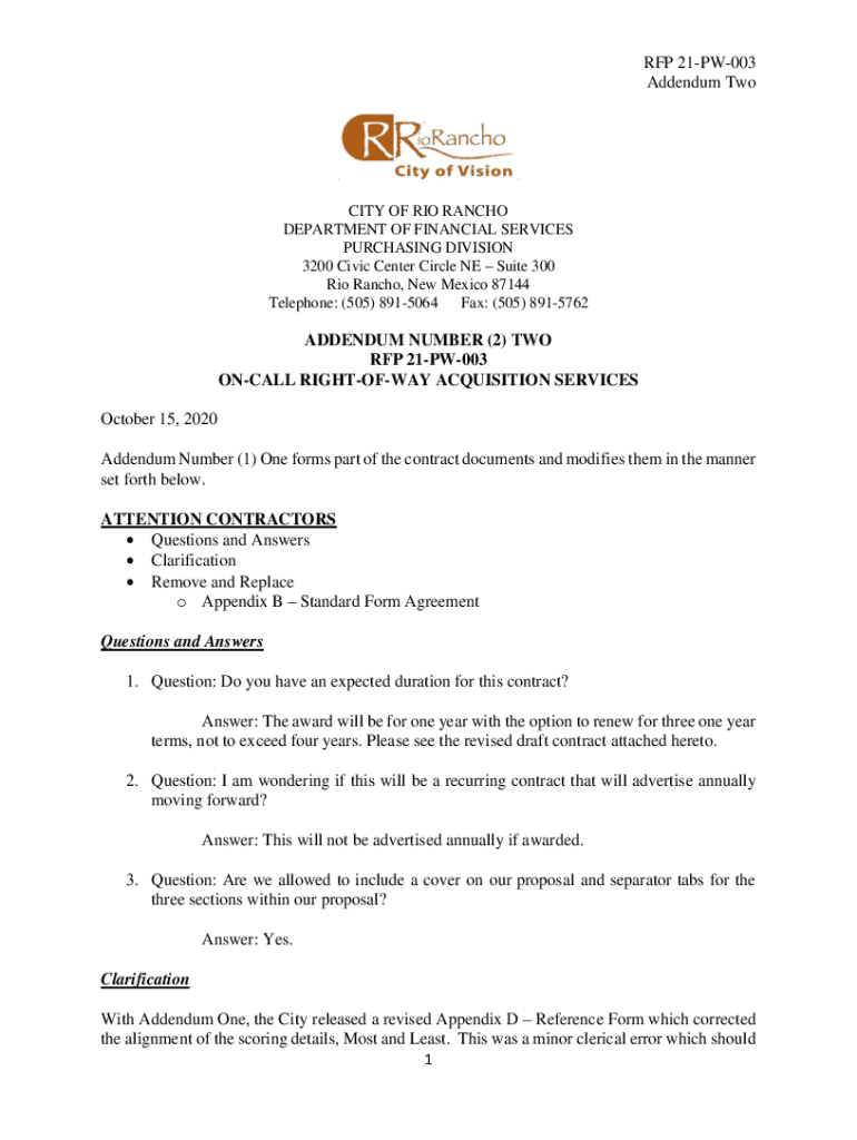 Fillable Online RFP 21-PW-003 Addendum Two ADDENDUM NUMBER (2) TWO ...
