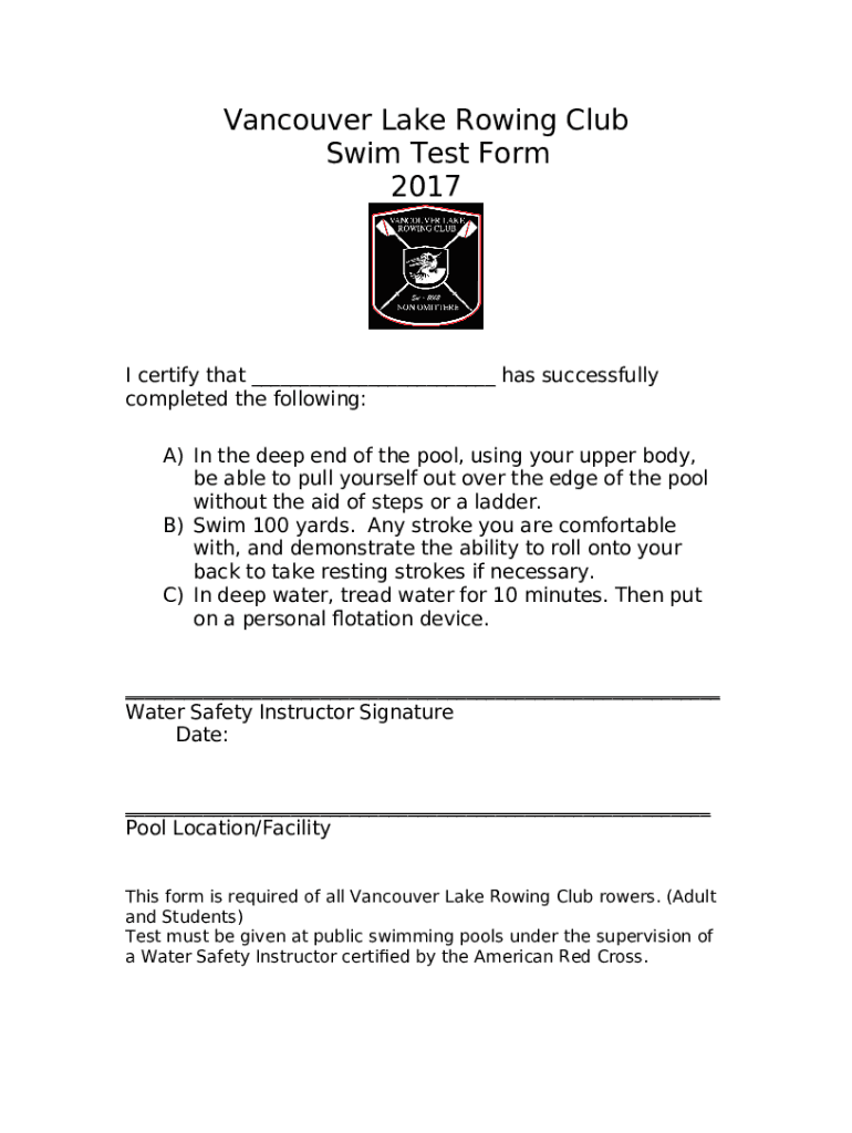 Vancouver Lake Rowing Club Swim Test 2017 I certify ... Doc Template ...