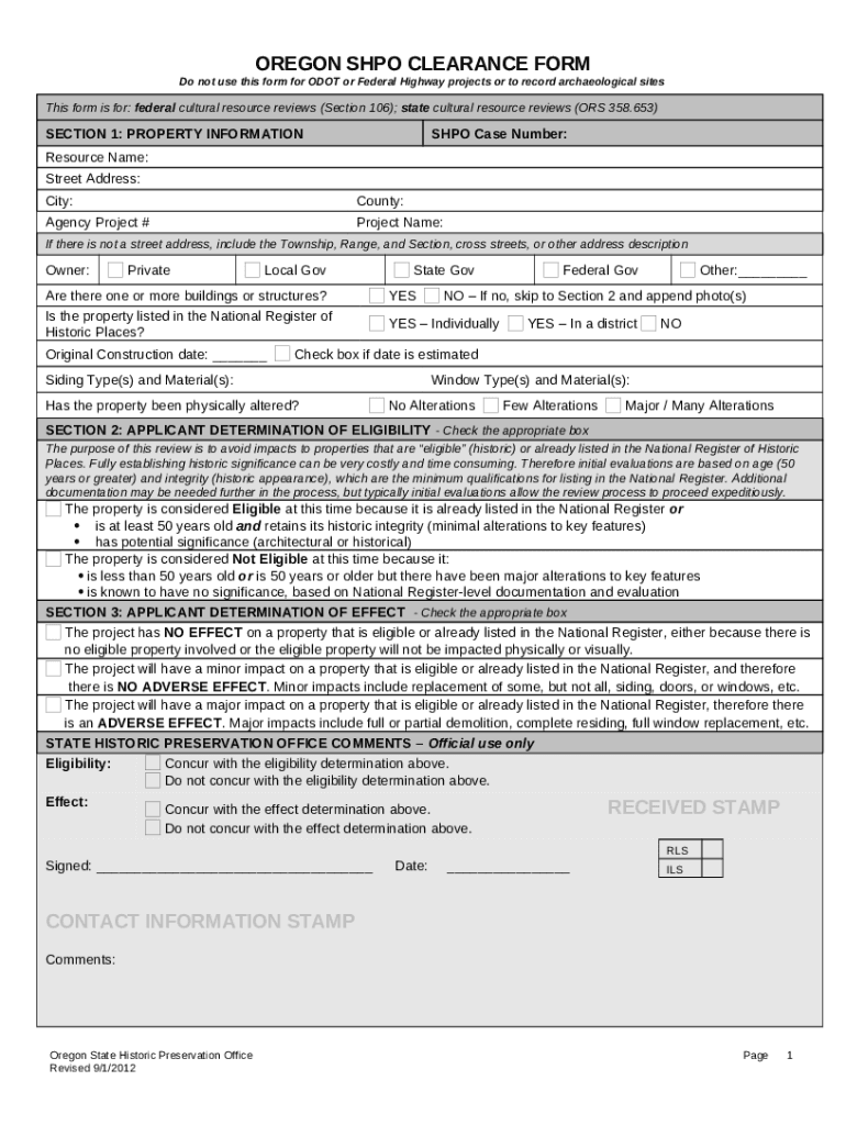 Oregon SHPO Clearance for Built Environment Doc Template | pdfFiller