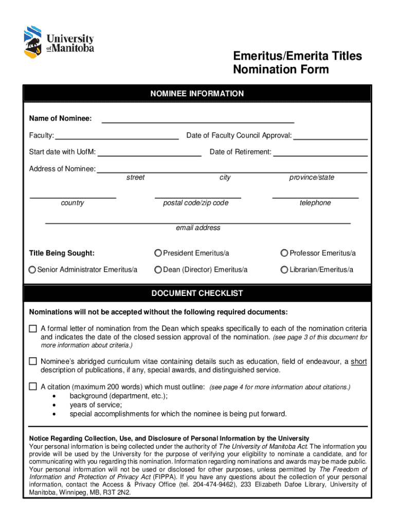 Fillable Online Emeritus/Emerita Titles Nomination Form Fax Email Print ...