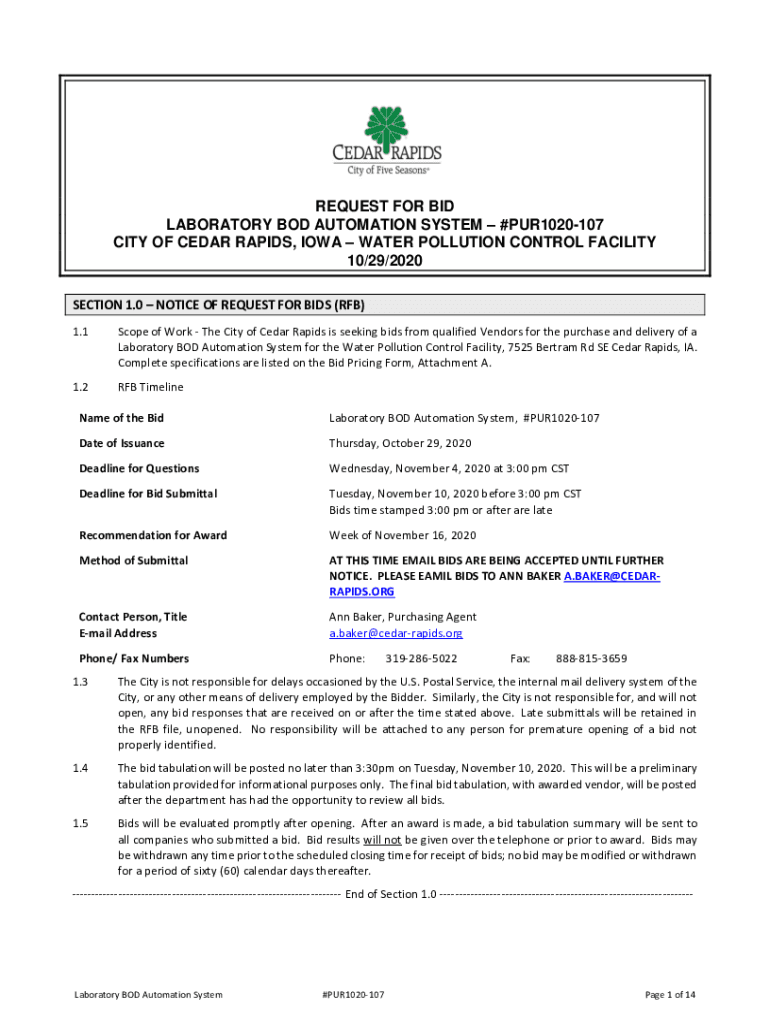 Fillable Online request for bid laboratory bod automation system # ...