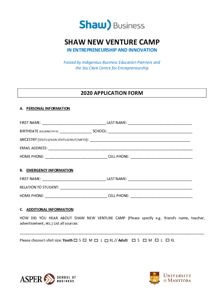 Fillable Online news umanitoba 2020 Shaw New Venture Camp Application ...