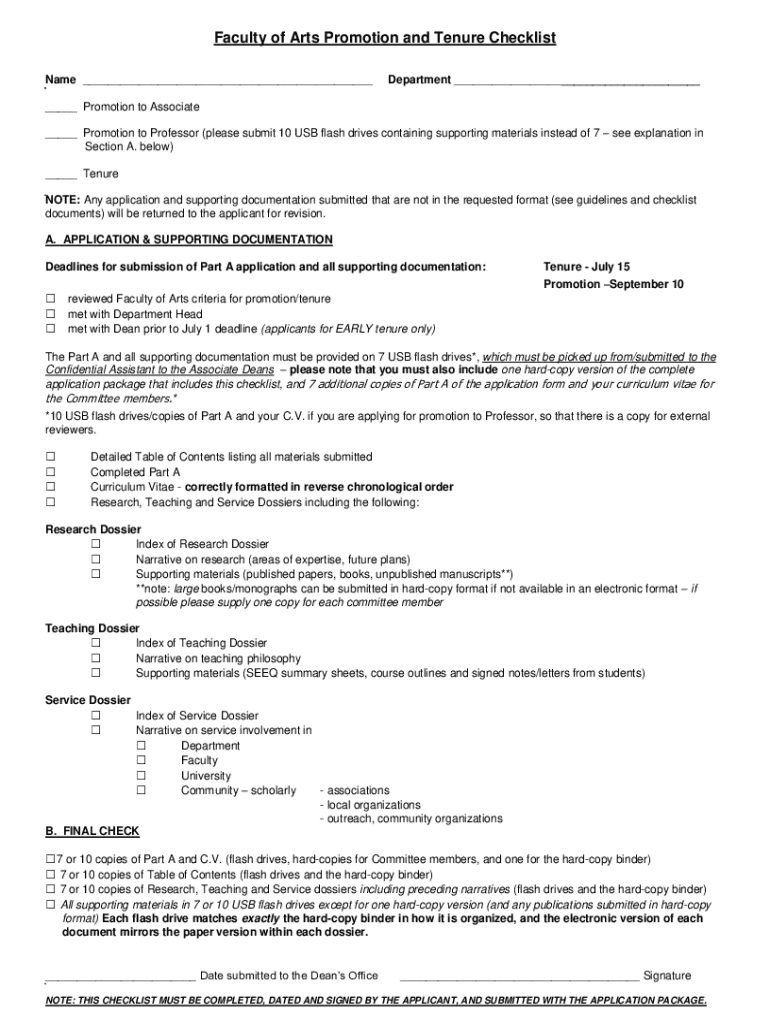 Fillable Online intranet umanitoba Faculty of Arts Promotion and Tenure Checklist - University ...