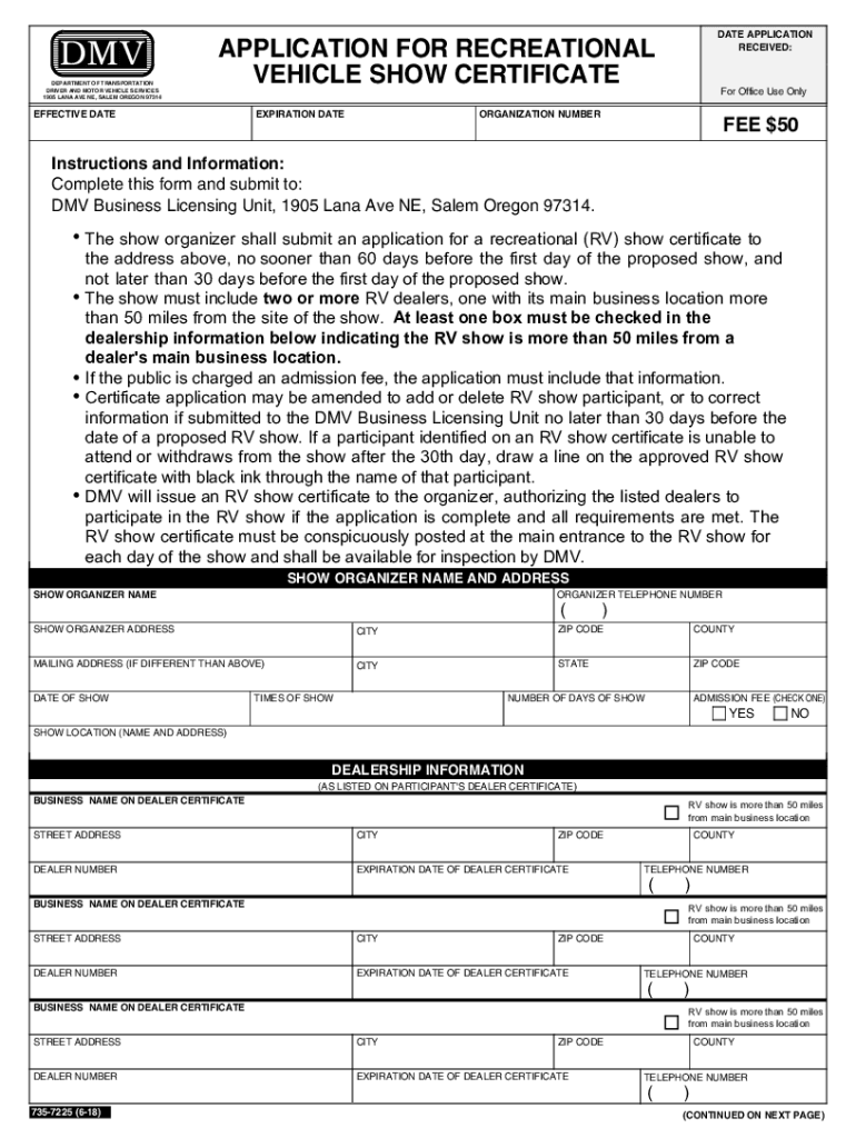 Fillable Online 735-7225. Application for Recreational Vehicle Show ...
