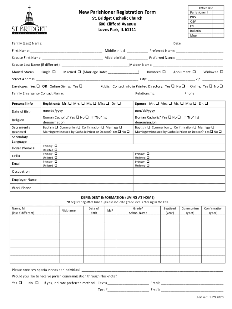 Fillable Online Parish Registration Form - St. Bridget Catholic Church ...