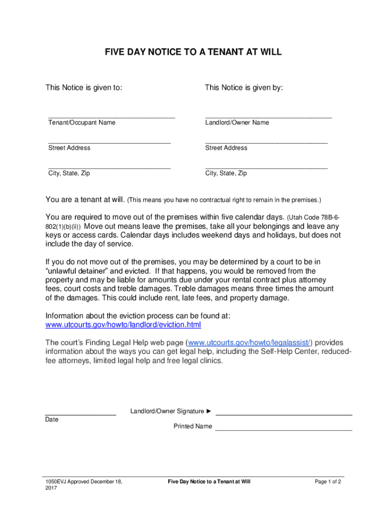 Fillable Online FIVE DAY NOTICE TO A TENANT AT WILL. FIVE DAY NOTICE TO ...