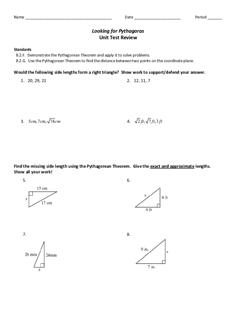 Pythagorean Theorem Unit Test - Fill Online, Printable, Fillable, Blank ...