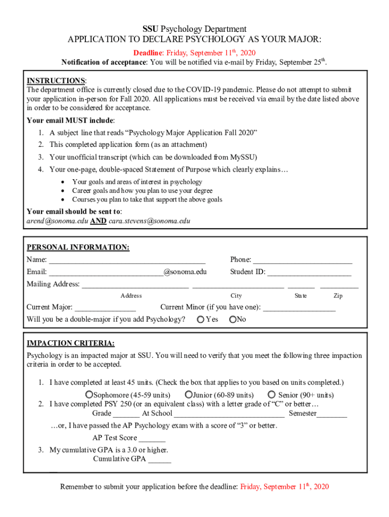 Fillable Online SSU Psychology Department APPLICATION TO DECLARE ...