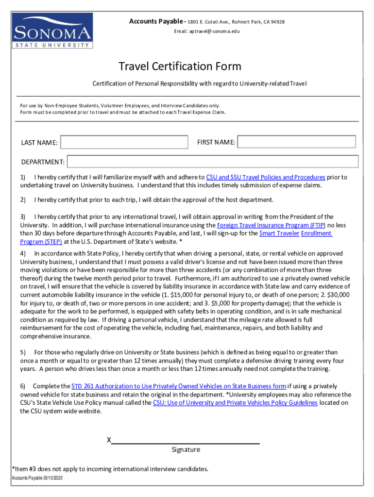 Fillable Online Travel Certification Form Fax Email Print - pdfFiller