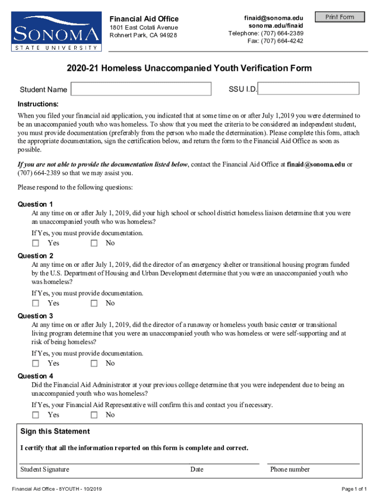 Fillable Online Homeless Unaccompanied Youth Verification Form Fax ...