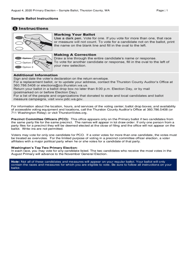 Fillable Online August 4, 2020 Primary Election Sample Ballot, Thurston ...
