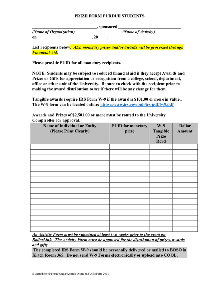 Fillable Online Prizes Form-Purdue Student - Purdue University Fax Email Print - pdfFiller