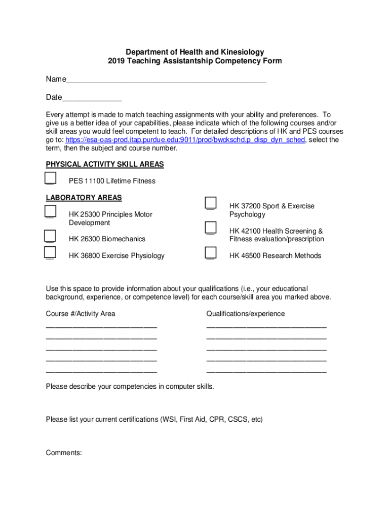 Fillable Online 2019 Teaching Assistantship Competency Form Fax Email Print - pdfFiller