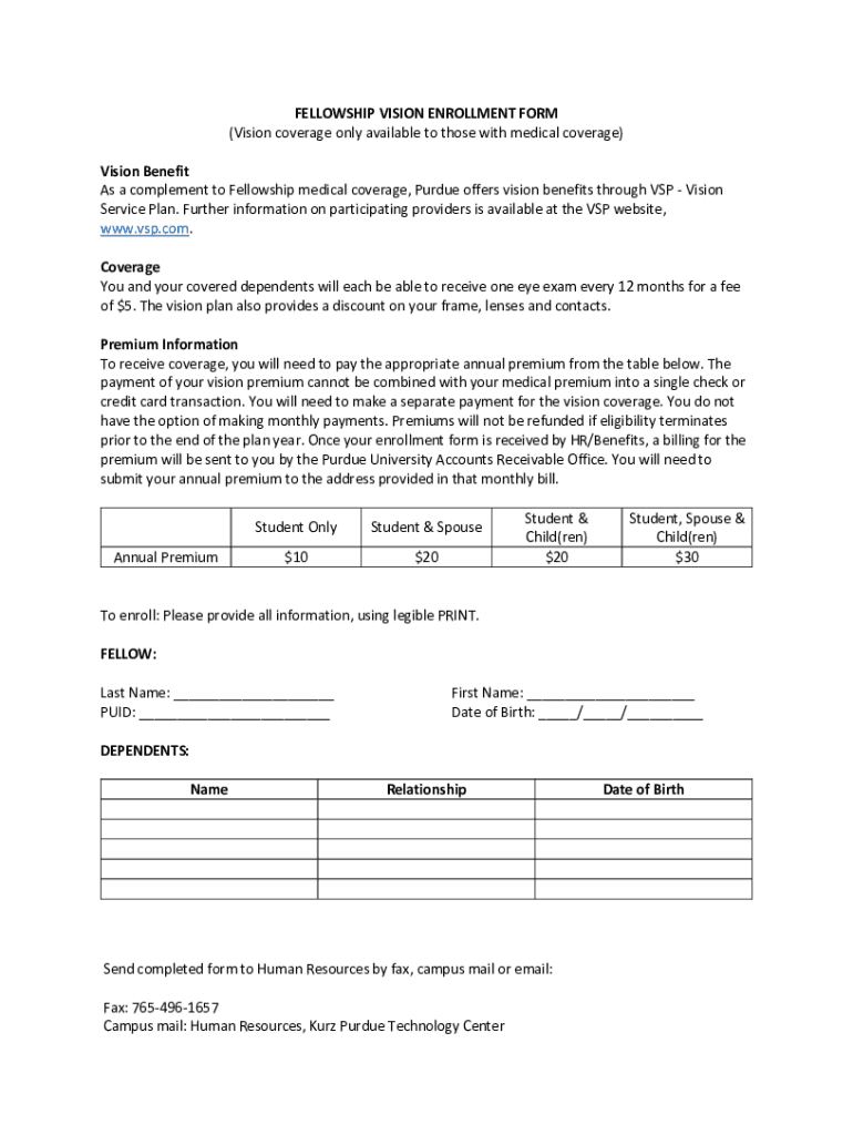 Fillable Online FELLOWSHIP VISION ENROLLMENT FORM Coverage Fax Email ...