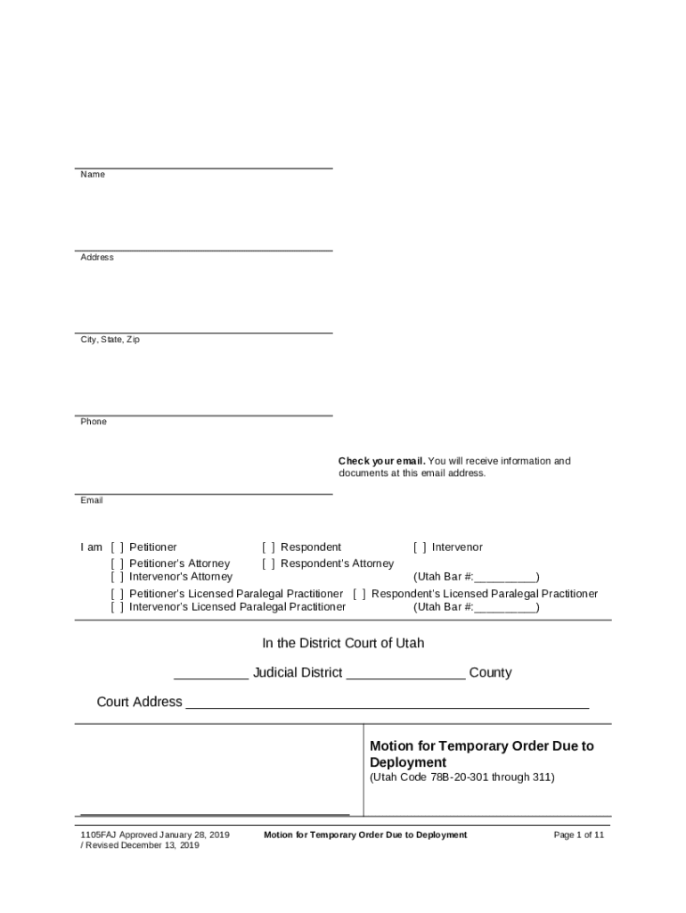 Motion for Temporary Order Due to Deployment - Utah Courts Doc Template | pdfFiller