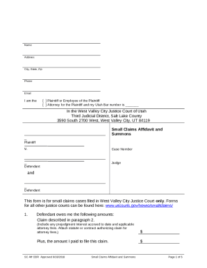 Small Claims Affidavit and Summons - Utah Courts Doc Template | pdfFiller