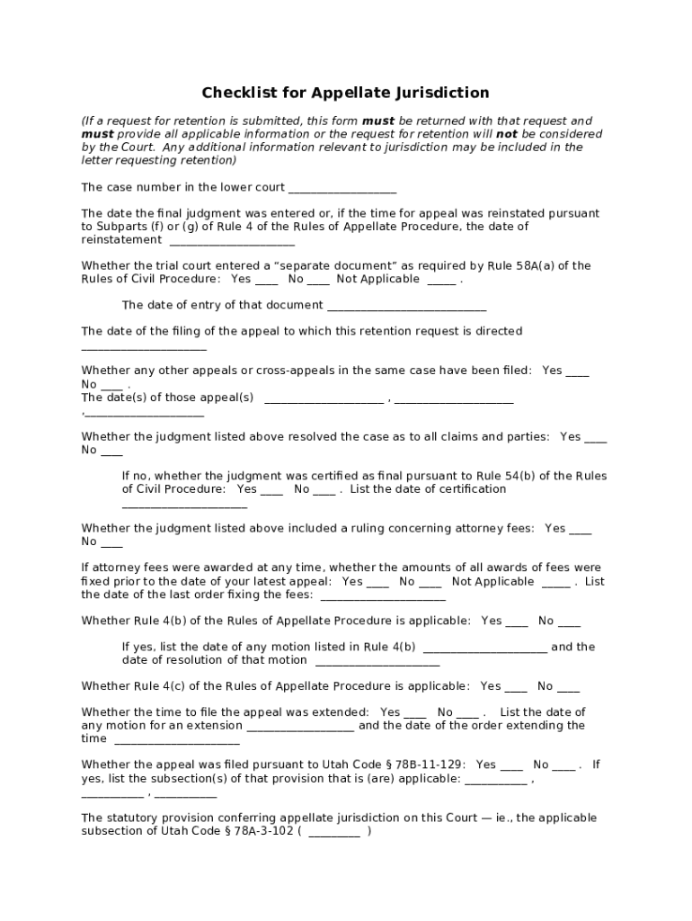 Checklist for Appellate Jurisdiction - Utah Courts Doc Template | pdfFiller