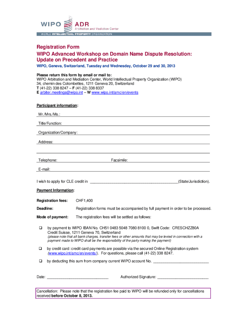 Fillable Online Registration Form WIPO Advanced Workshop on Domain ...