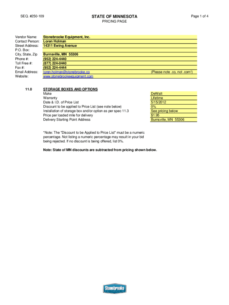 Fillable Online SEQ. #250-109 STATE OF MINNESOTA Page 1 of 4 PRICING ...