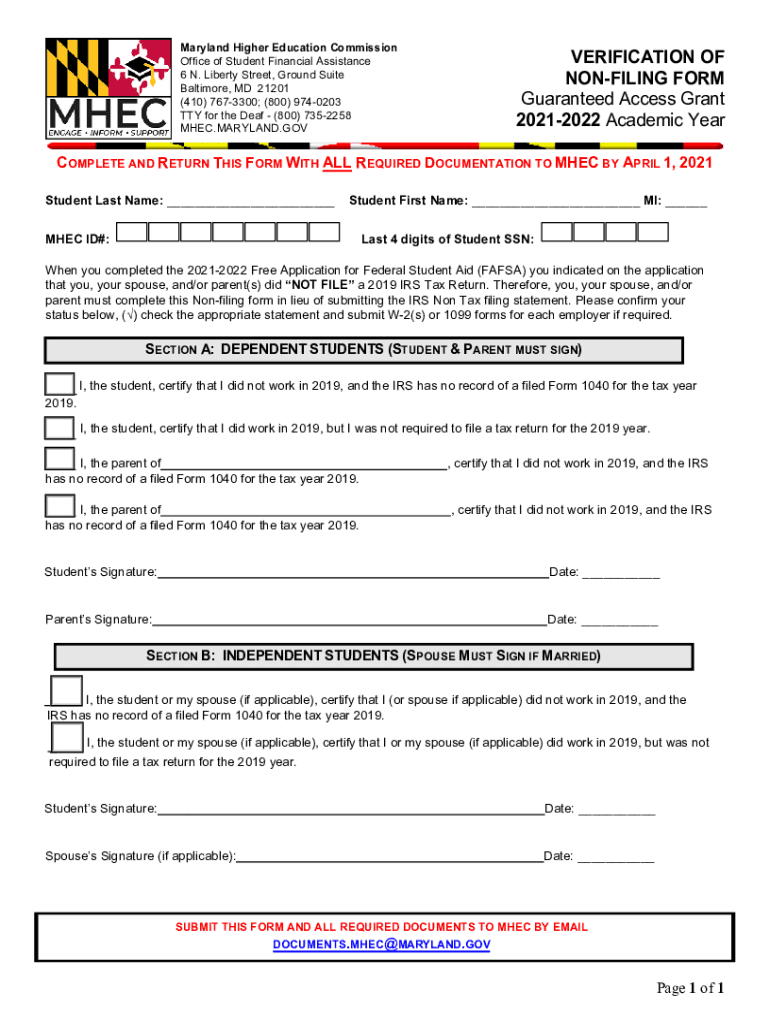 Fillable Online Mhec Maryland 2021 2022 Verification Of Non Filing