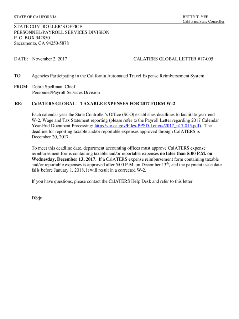 Fillable Online sco ca calaters global - taxable expenses for 2017 form ...