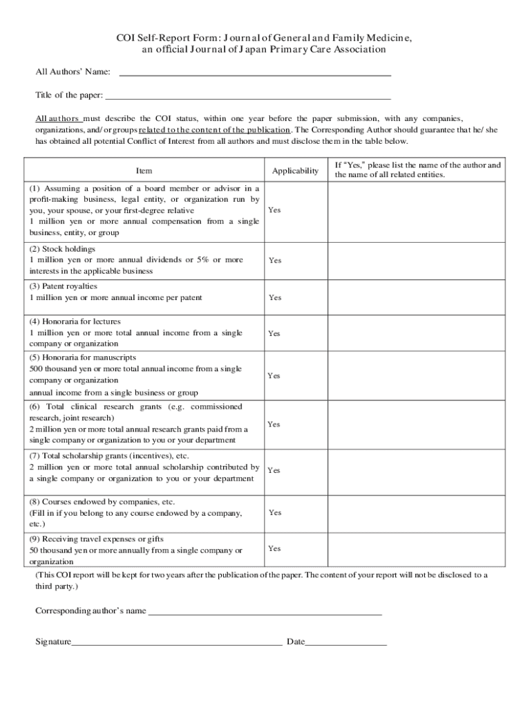 Fillable Online COI Self-Report Form: Journal of General and Family ...