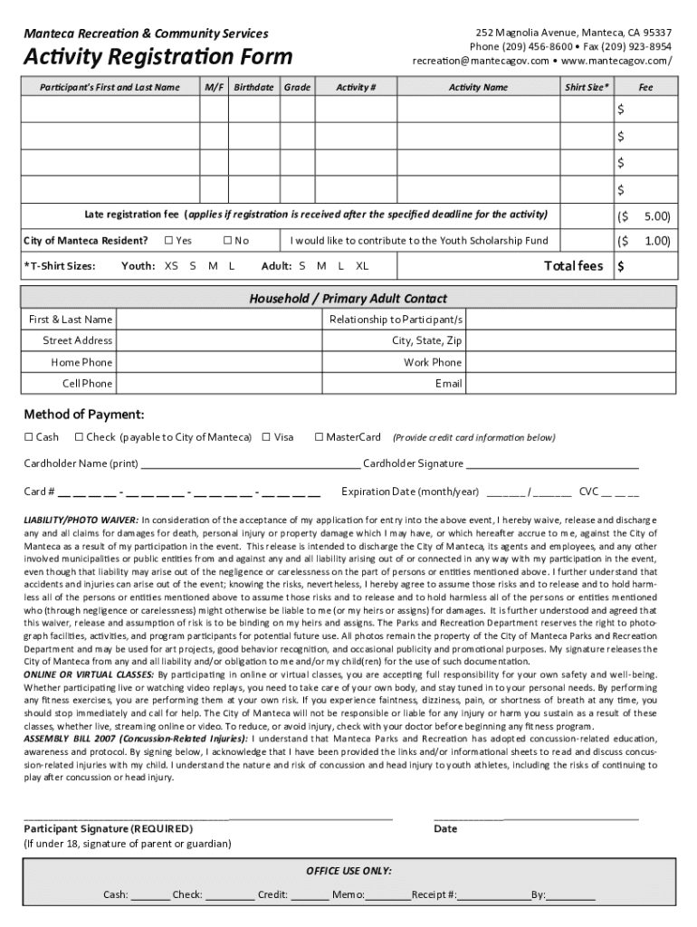 Fillable Online Activity Registration Form - Manteca Fax Email Print ...