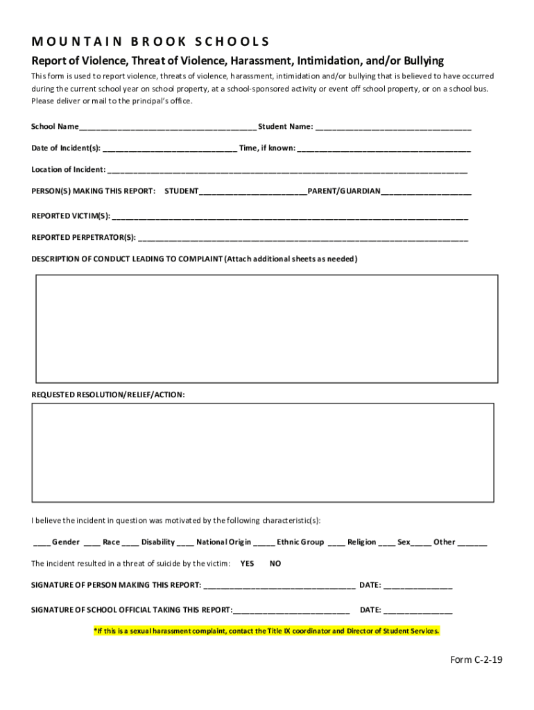 Fillable Online Harrassment Bullying Intimidation Reporting Form Fax ...