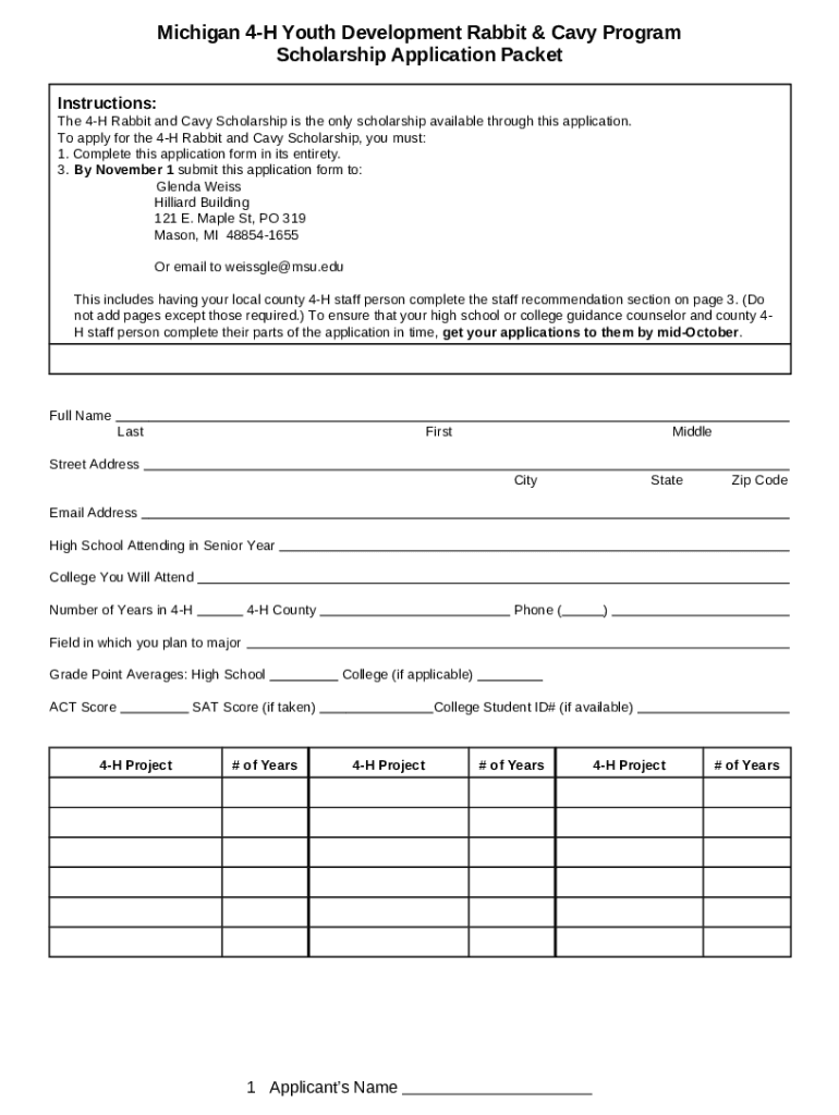 Michigan 4-H Youth Development Scholarship Application Doc Template ...